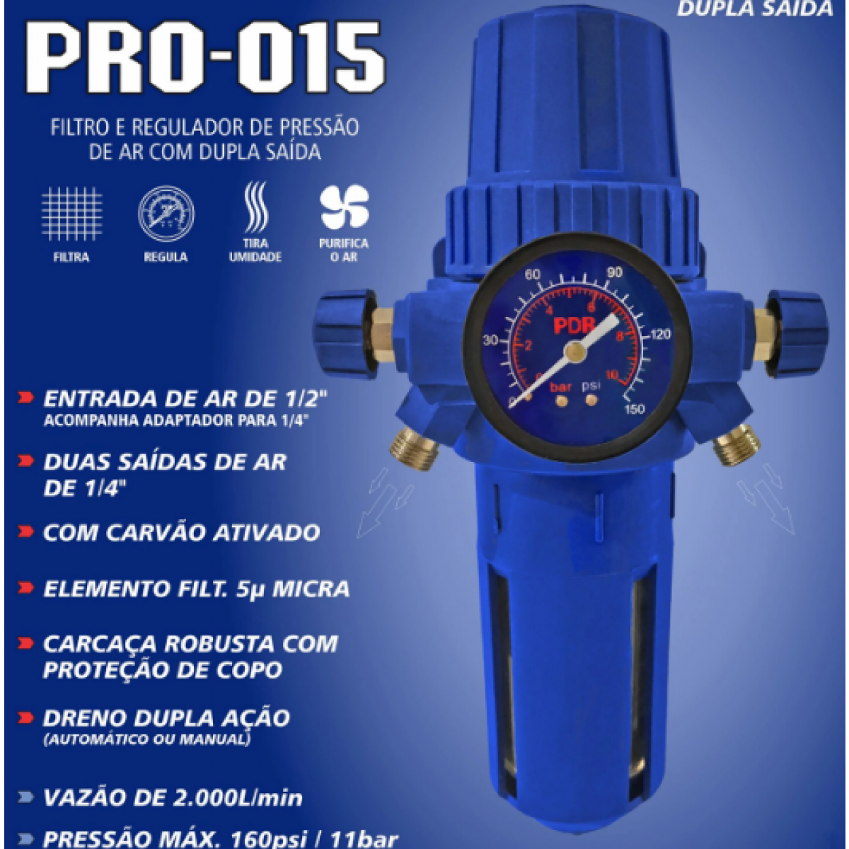 Tudo máquinas - FILTRO E REGULADOR DE AR 1/2" OU 1/4" 2 SAÍDAS E CARVÃO ATIVADO PRO-015 PDR